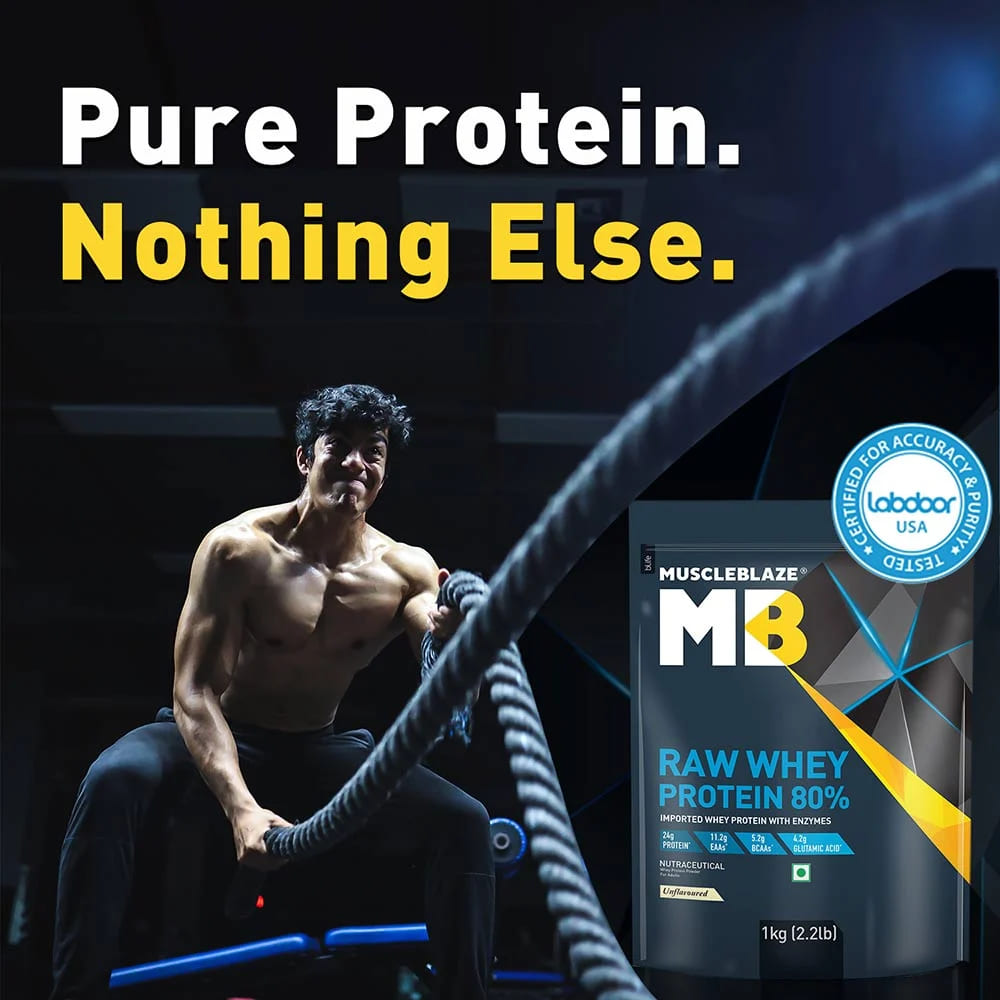 MuscleBlaze Raw Whey Protein 80% Powder Unflavoured 1kg - pharmville
